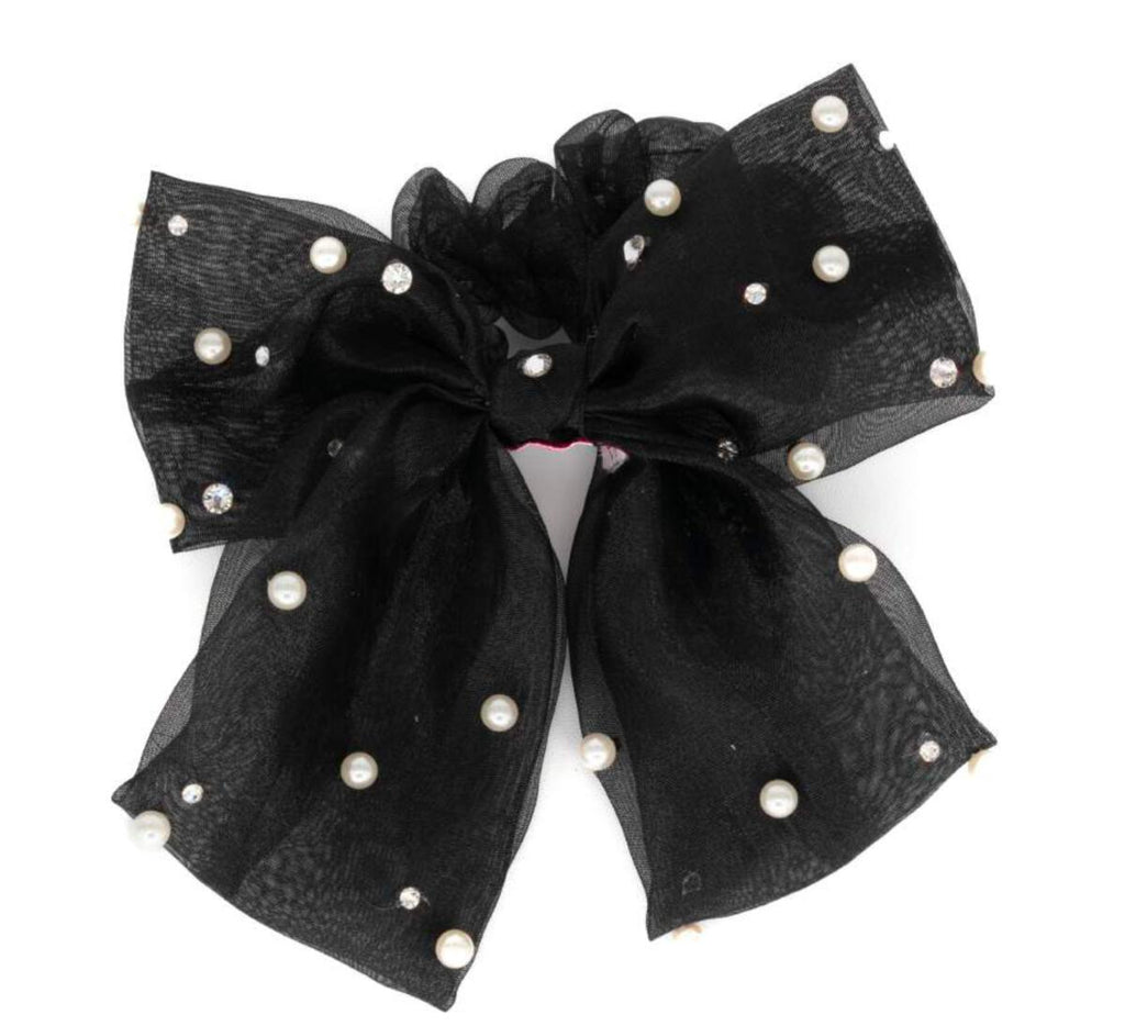 Bari Lynn Tulle Bow Scrunchie with Pearls & Swarovski Crystals - Black ...